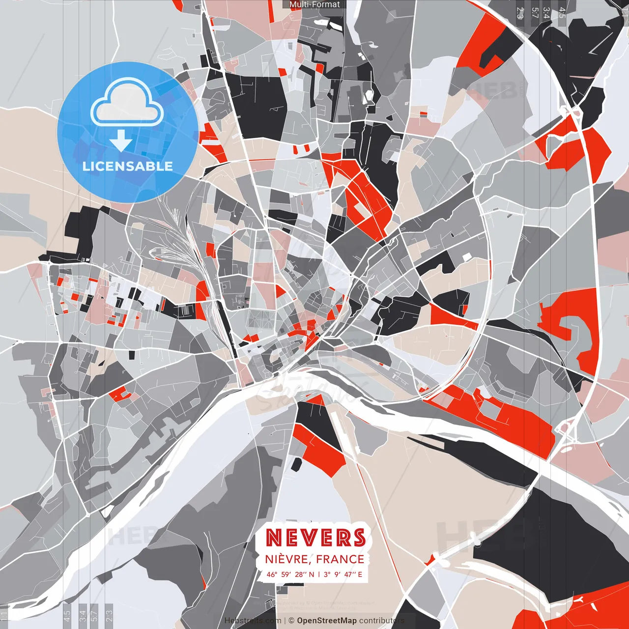 Nevers, Nièvre, France - Modern Street Map Poster Template With Gray And Red Tones – HEBSTREITS