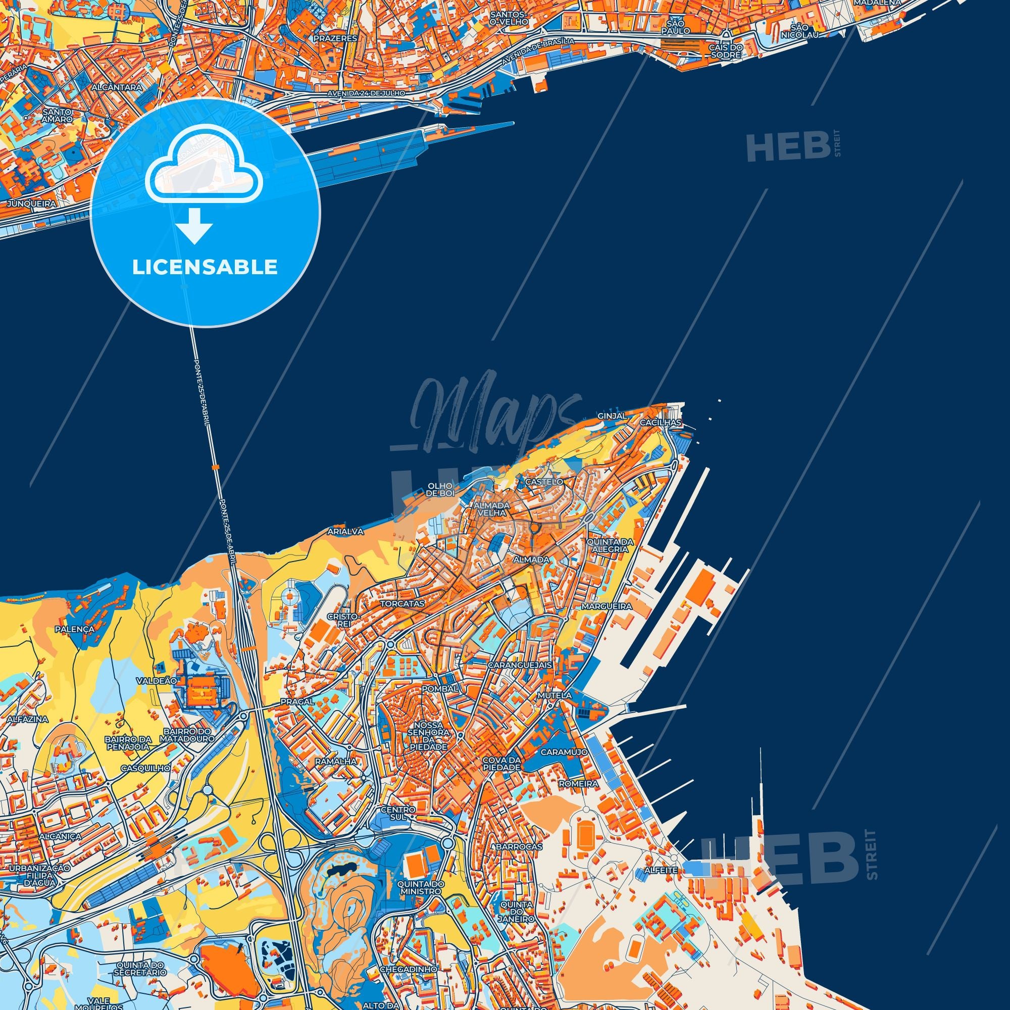 Colorful Almada Street Map With Labels And Buildings – HEBSTREITS