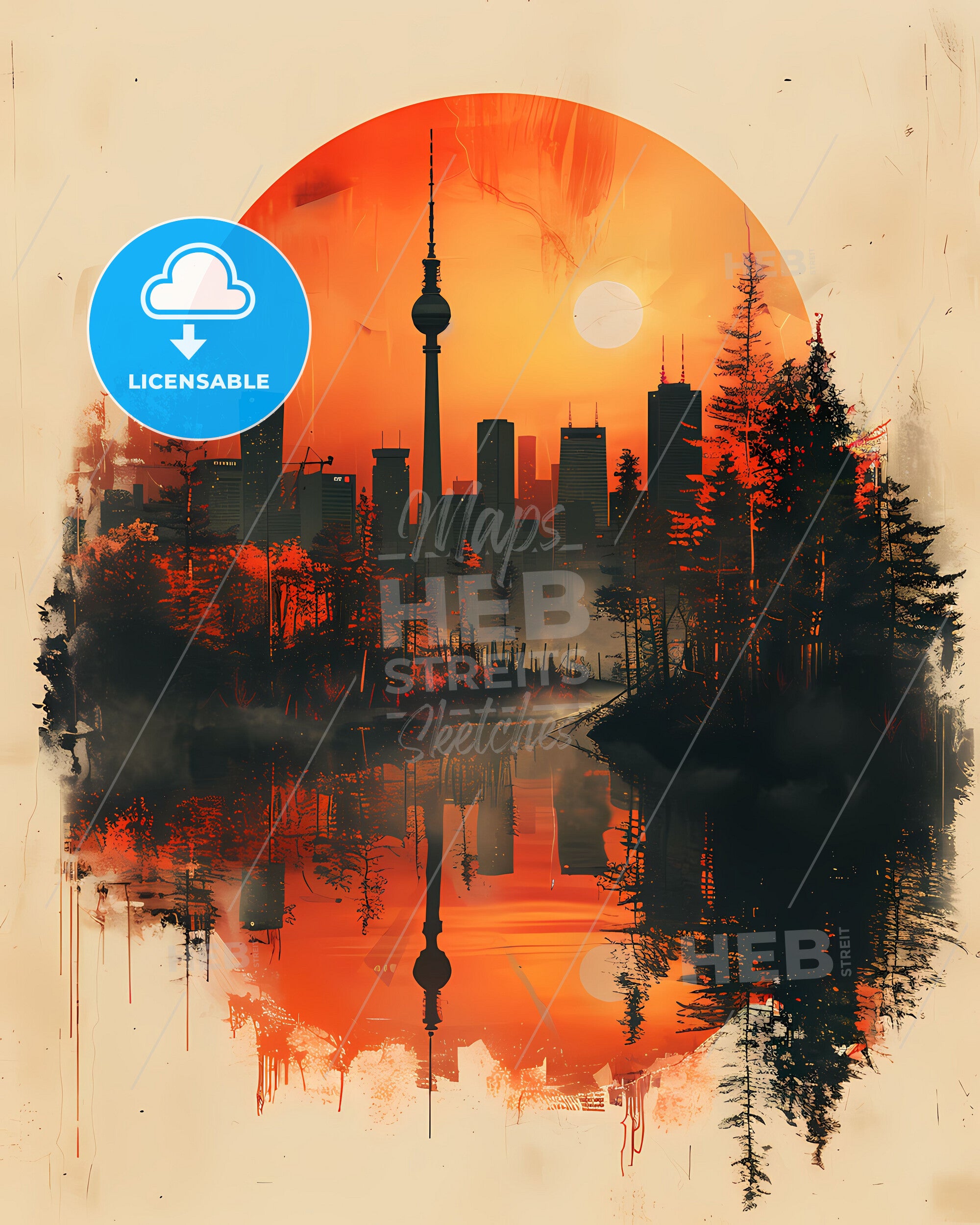 Minimalist Skyline Digital Collage: Vibrant Cityscape With Red Circle And Trees, Low-Angle ...