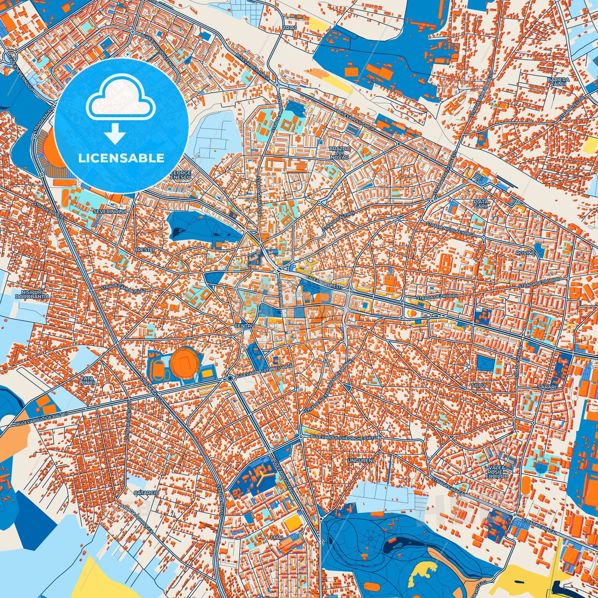 Colorful Craiova Street Map With Labels And Buildings – HEBSTREITS