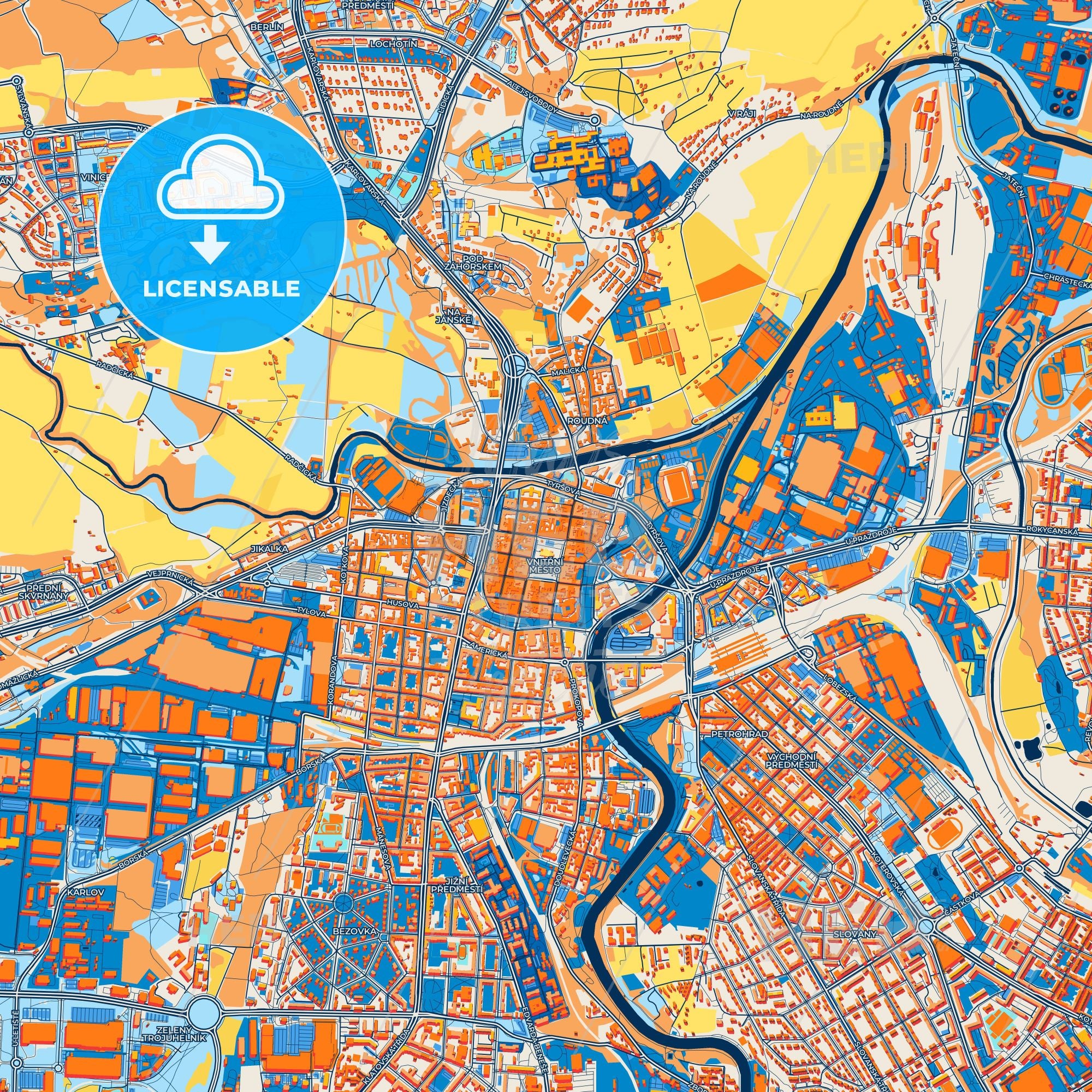 Colorful Plzeň Street Map With Labels And Buildings – HEBSTREITS