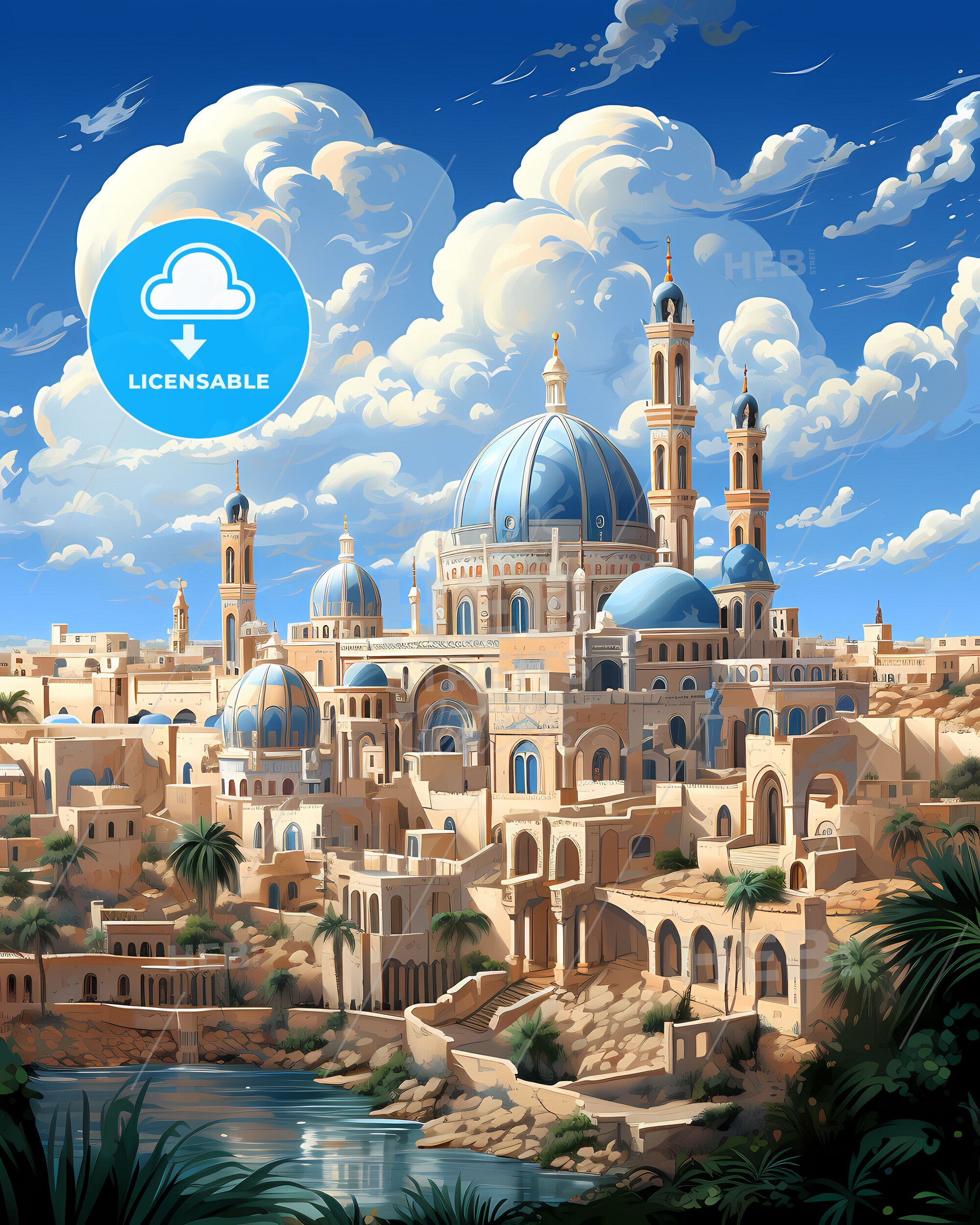 Vibrant Tripoli Libya Skyline Painting with Blue Domes and Roof - HEBSTREITS Stock Image