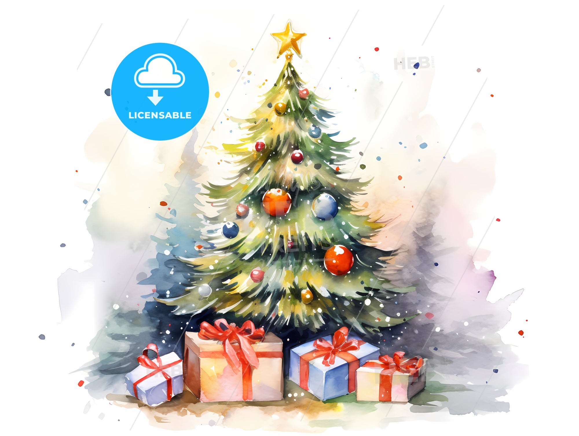 Watercolor Of A Christmas Tree With Presents - HEBSTREITS