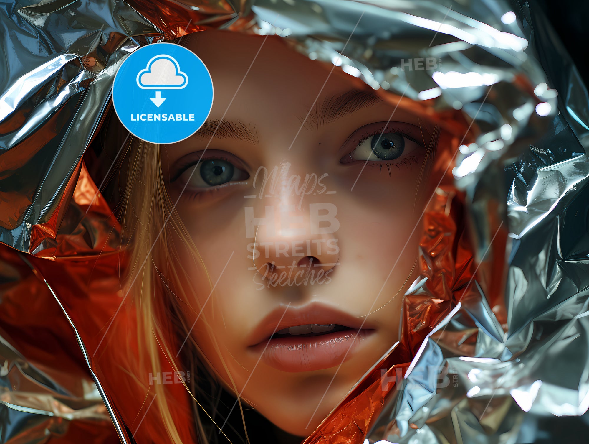 A Woman With Blue Eyes And A Red Jacket - HEBSTREITS Stock Image