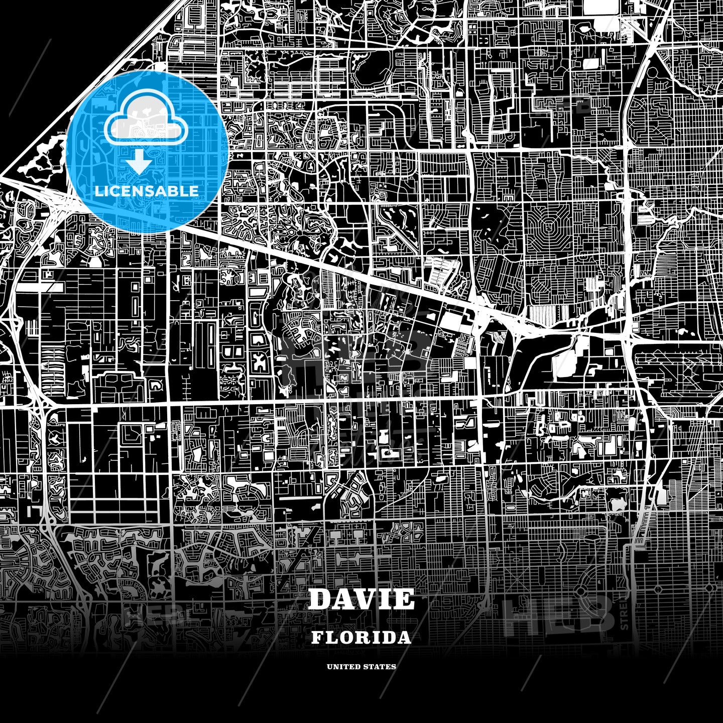Black map poster template of Davie, Florida, USA - HEBSTREITS