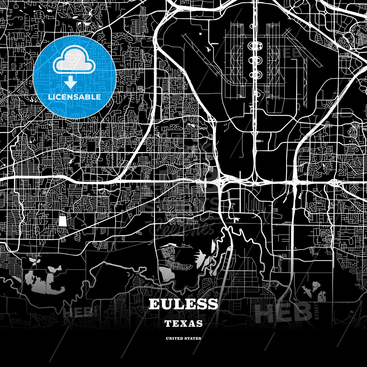 Black map poster template of Euless, Texas, USA - HEBSTREITS