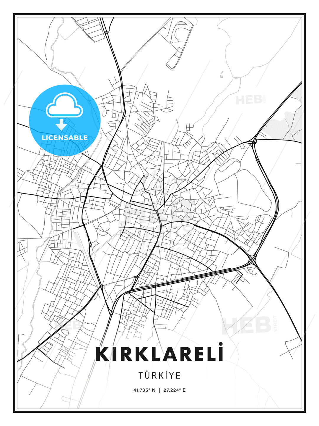KIRKLARELİ / Kırklareli, Turkey, Modern Map Print Template in Various Formats - HEBSTREITS