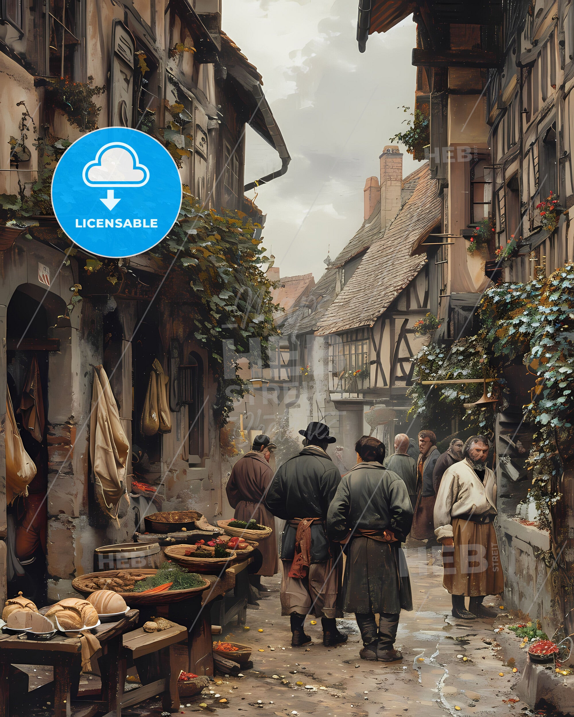 Vintage 18Th Century German Weimar Street Scene Depicting Lively Market ...