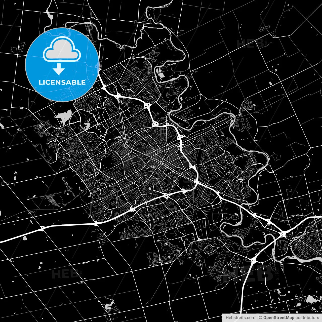 Kitchener, Ontario, Area Map, Dark – HEBSTREITS