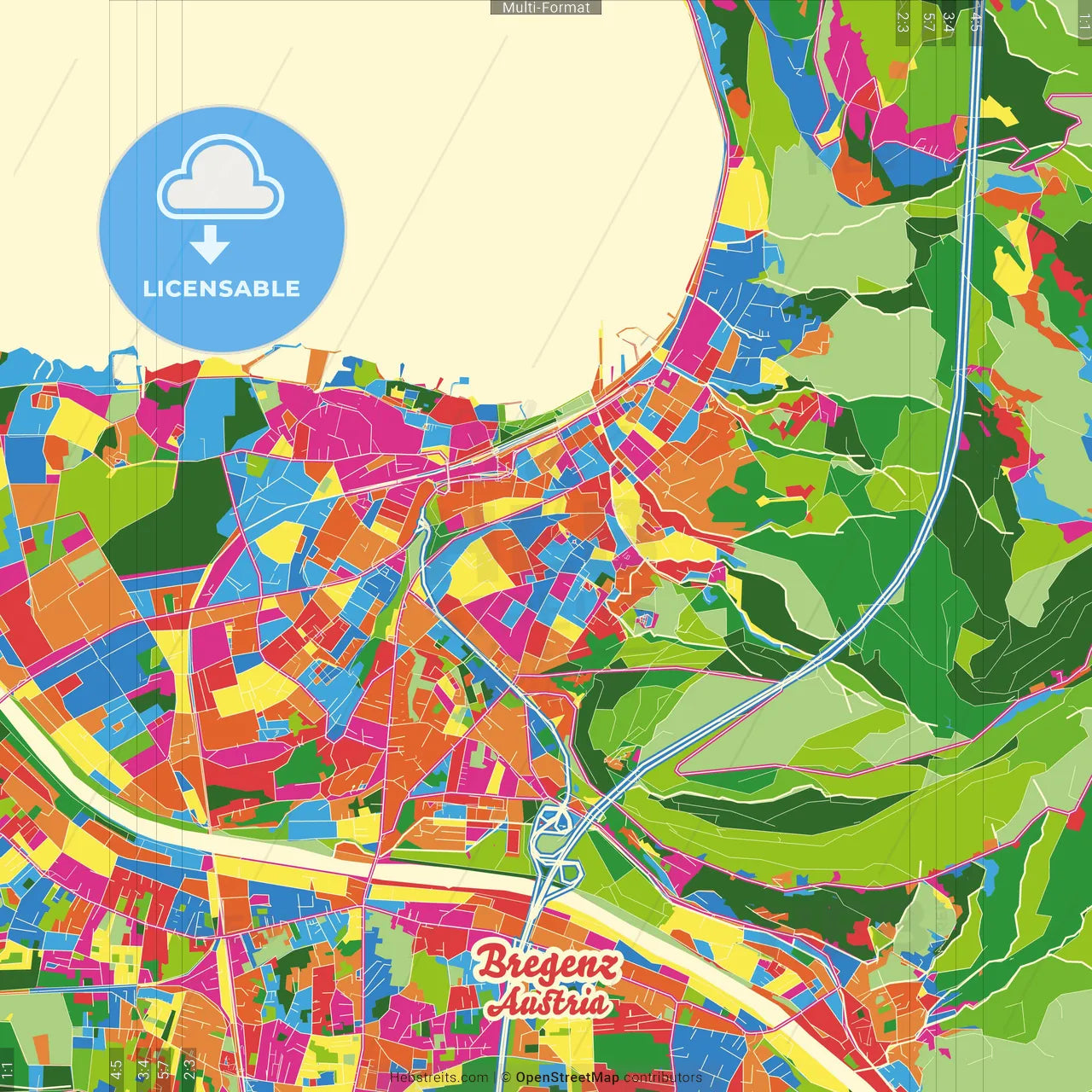 Bregenz, Vorarlberg, Austria Crazy Colorful Street Map Poster Template ...