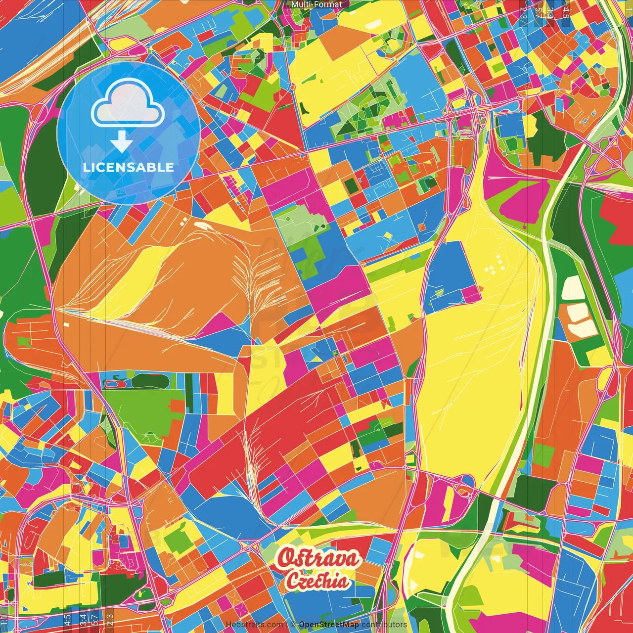 Ostrava, Moravian-Silesian Region, Czechia Crazy Colorful Street Map ...
