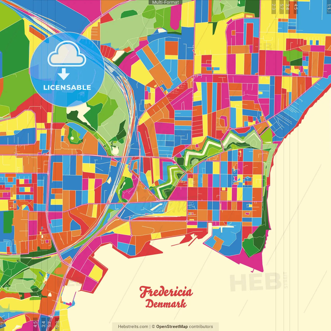 Fredericia, Denmark Crazy Colorful Street Map Poster Template – HEBSTREITS