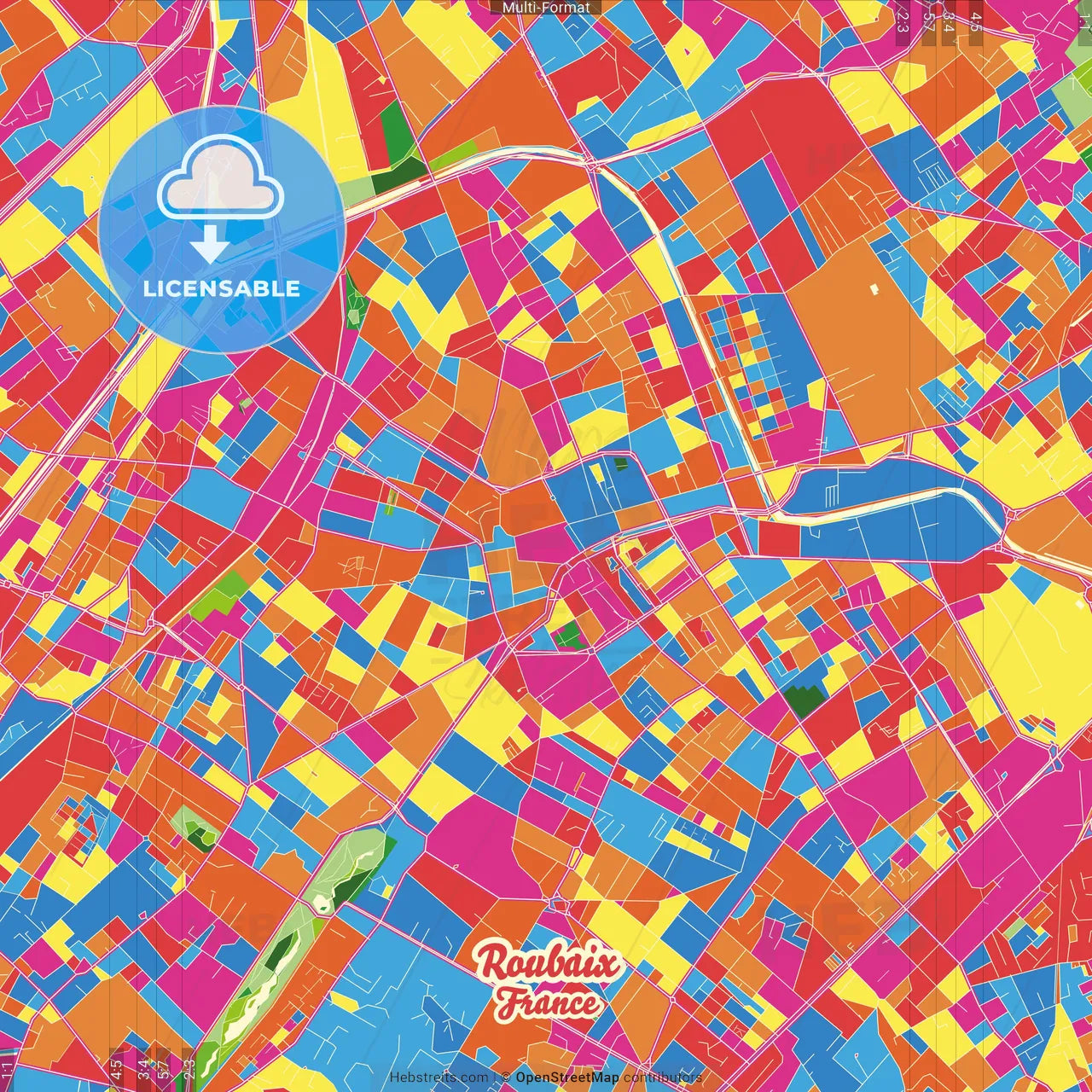 Roubaix, Nord, France Crazy Colorful Street Map Poster Template ...