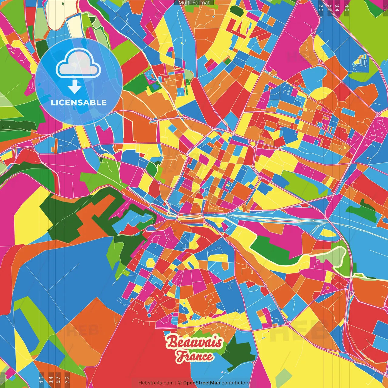 Beauvais, Oise, France Crazy Colorful Street Map Poster Template ...