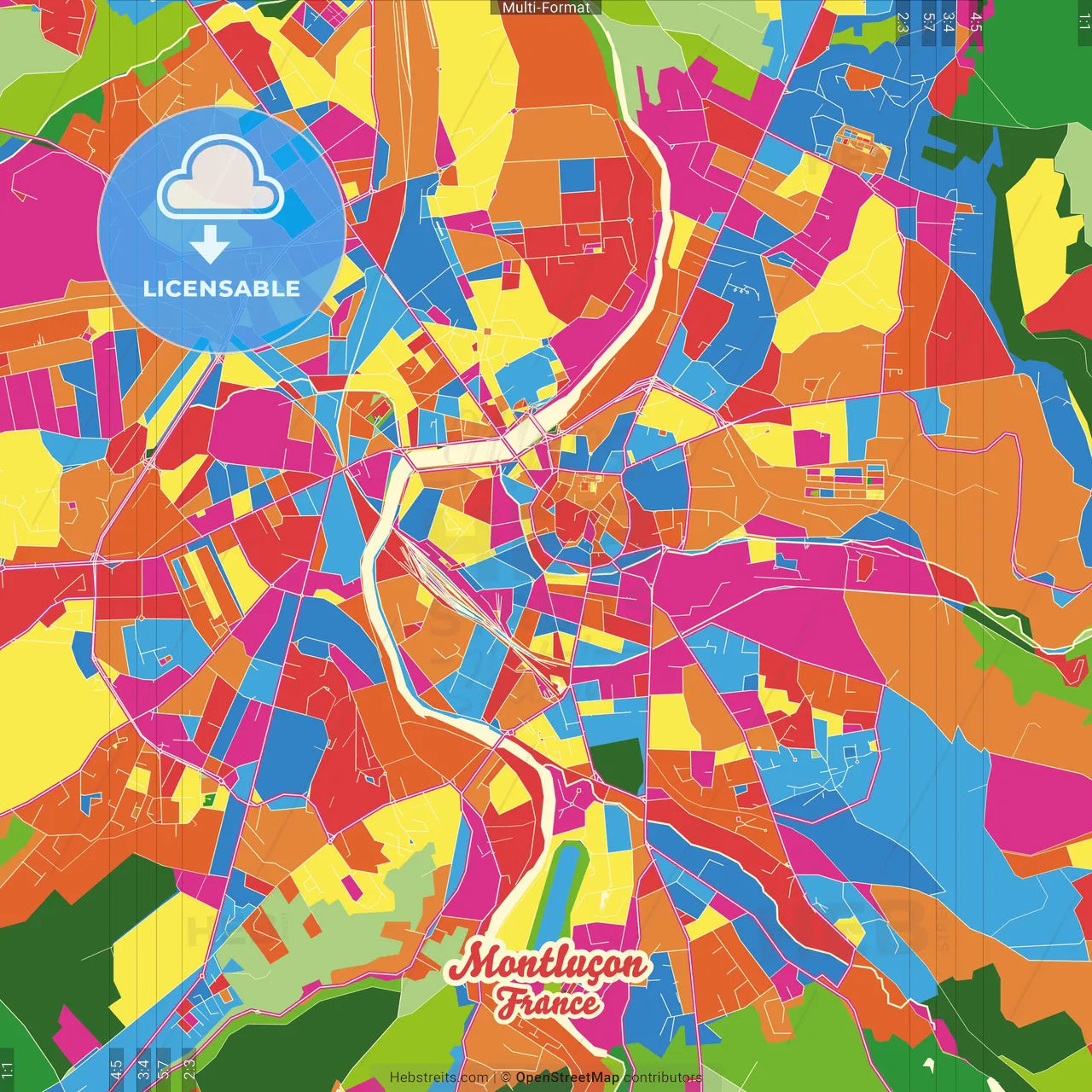 Montluçon, Allier, France Crazy Colorful Street Map Poster Template ...