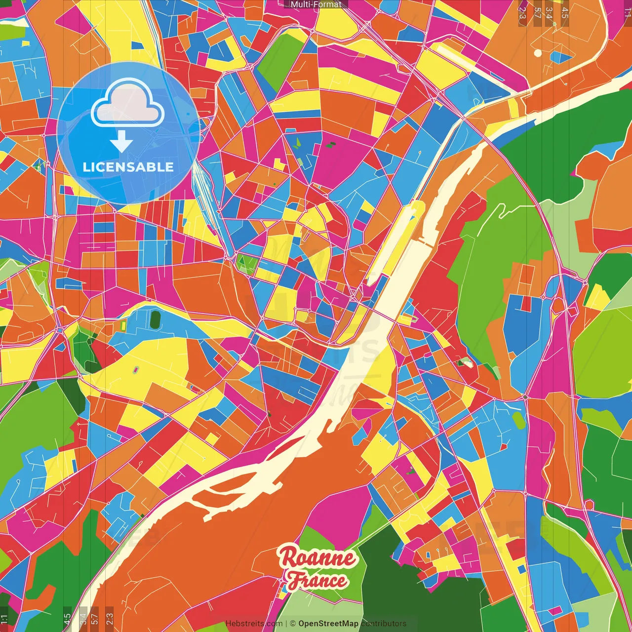 Roanne, Loire, France Crazy Colorful Street Map Poster Template ...