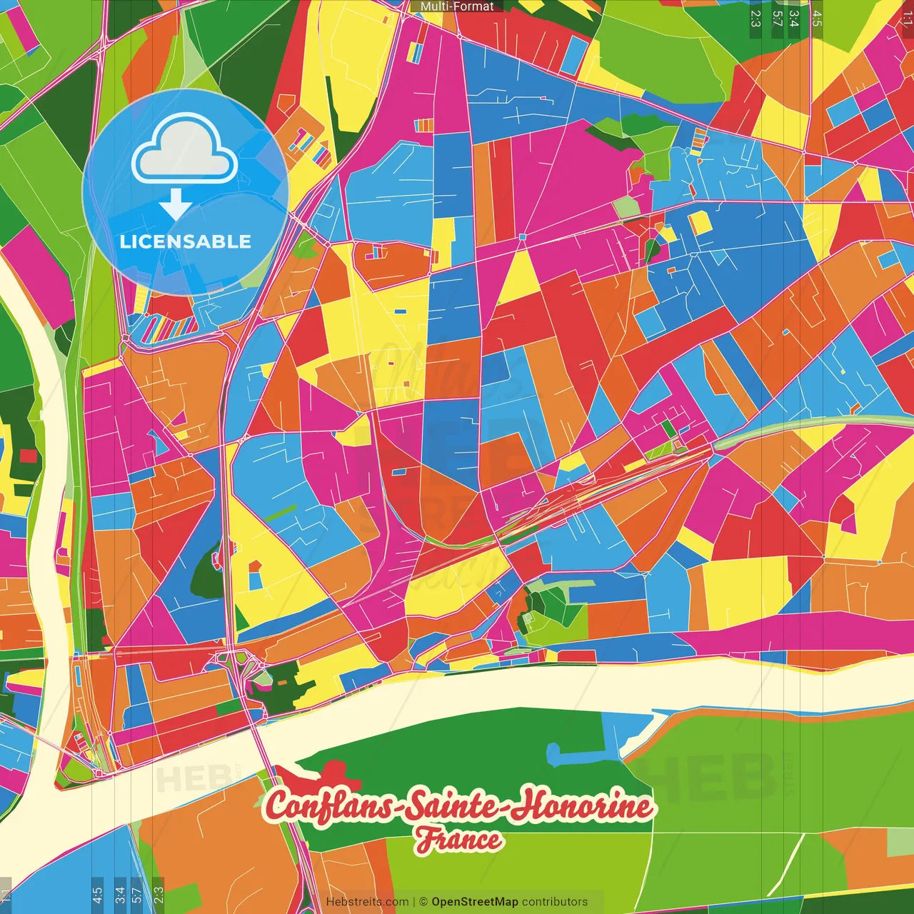 Conflans-Sainte-Honorine, Yvelines, France Crazy Colorful Street Map ...