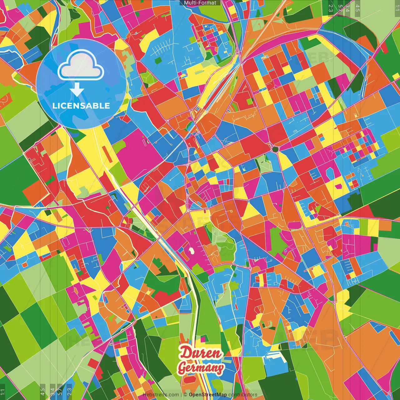 Duren, North Rhine-Westphalia, Germany Crazy Colorful Street Map Poster ...