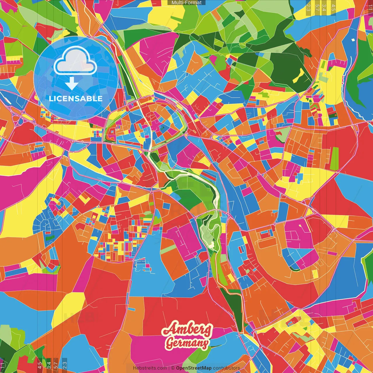 Amberg, Bavaria, Germany Crazy Colorful Street Map Poster Template ...