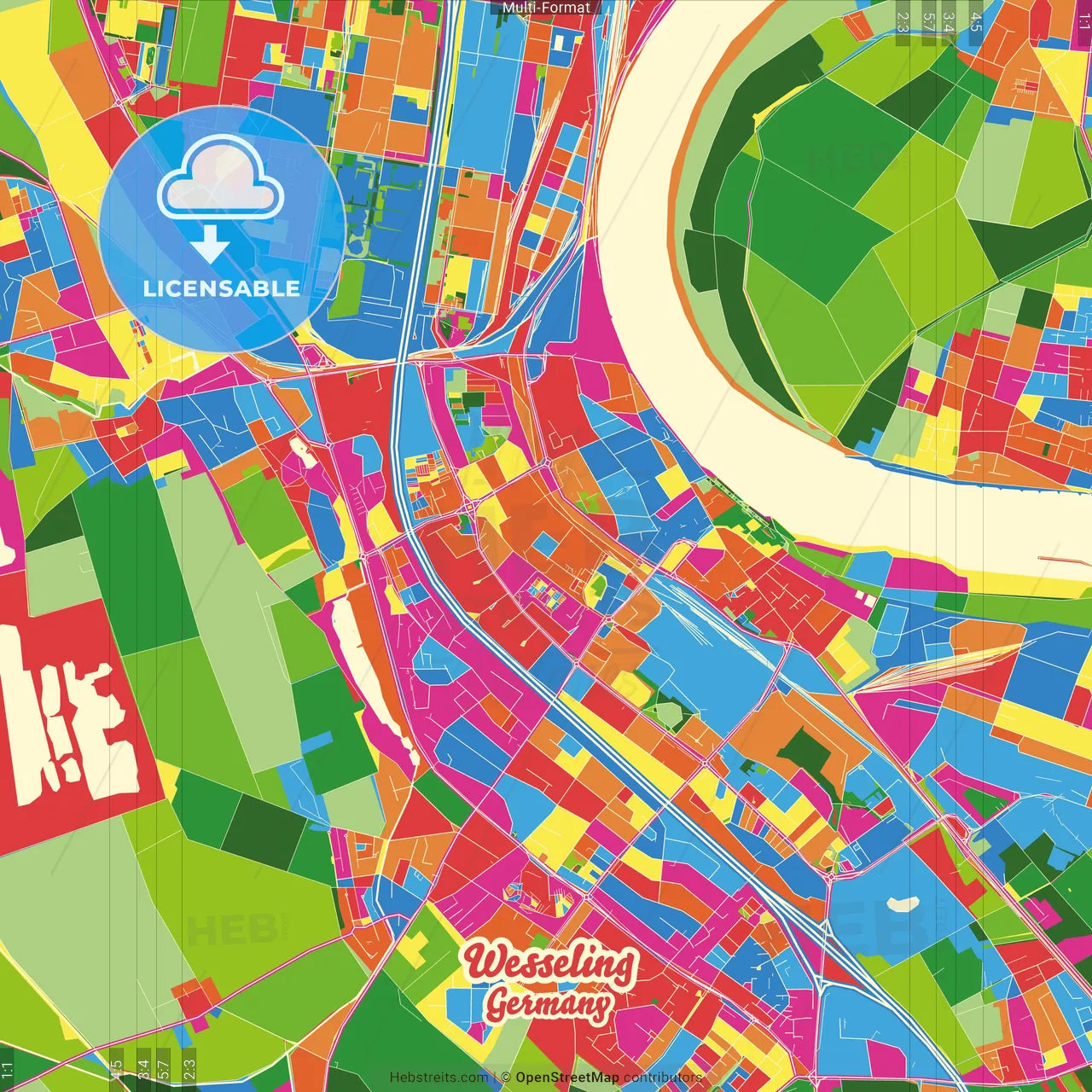 Wesseling, North Rhine-Westphalia, Germany Crazy Colorful Street Map ...