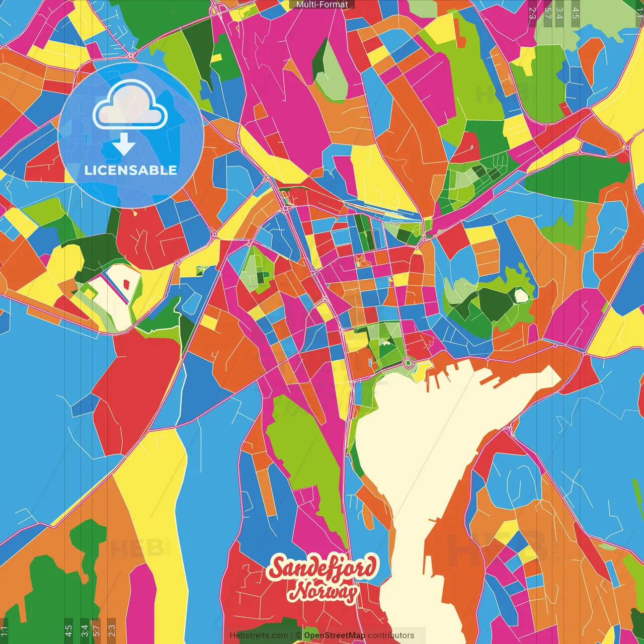 Sandefjord, Vestfold, Norway Crazy Colorful Street Map Poster Template ...