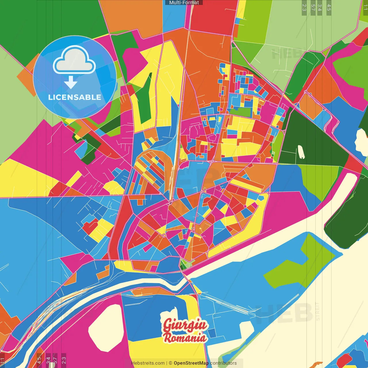Giurgiu, Giurgiu, Romania Crazy Colorful Street Map Poster Template ...