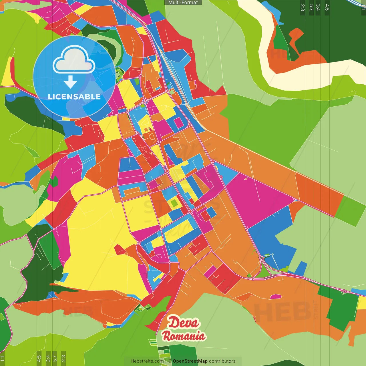 Deva, Hunedoara, Romania Crazy Colorful Street Map Poster Template ...