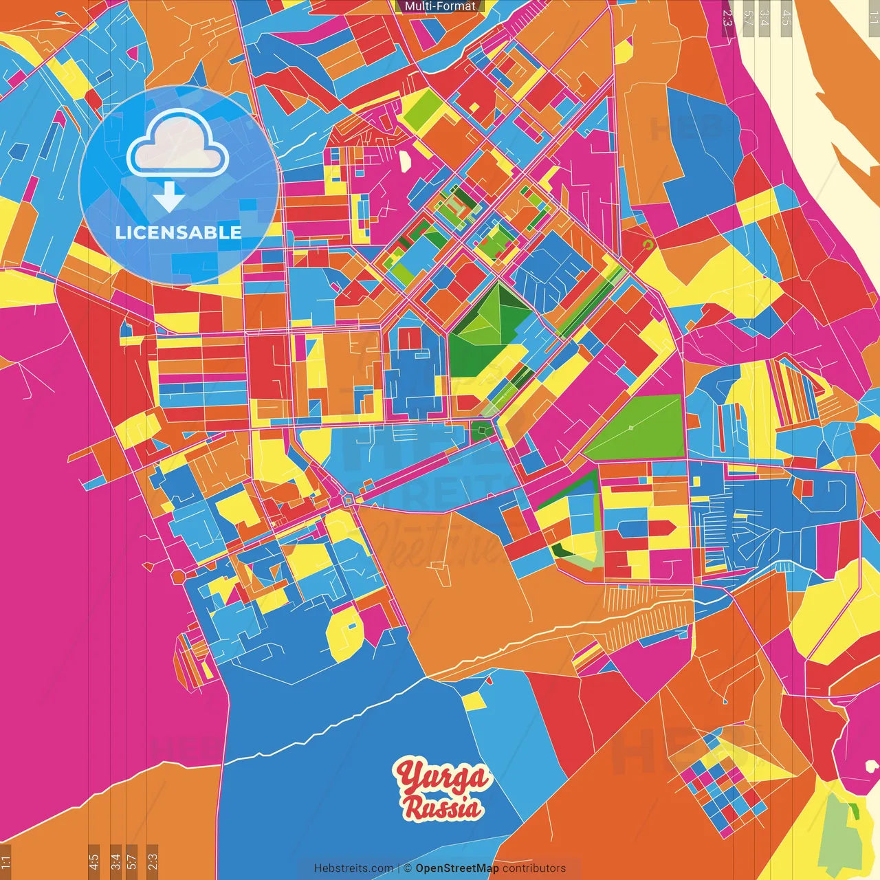 Yurga, Kemerovo Oblast, Russia Crazy Colorful Street Map Poster ...