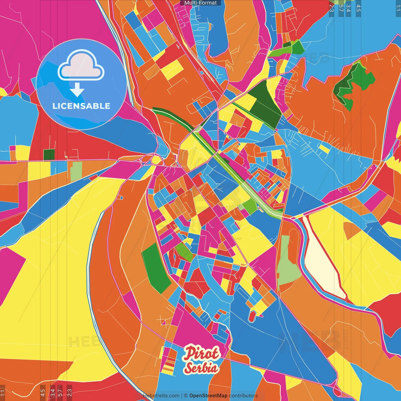 Pirot, Pirot, Serbia Crazy Colorful Street Map Poster Template – HEBSTREITS