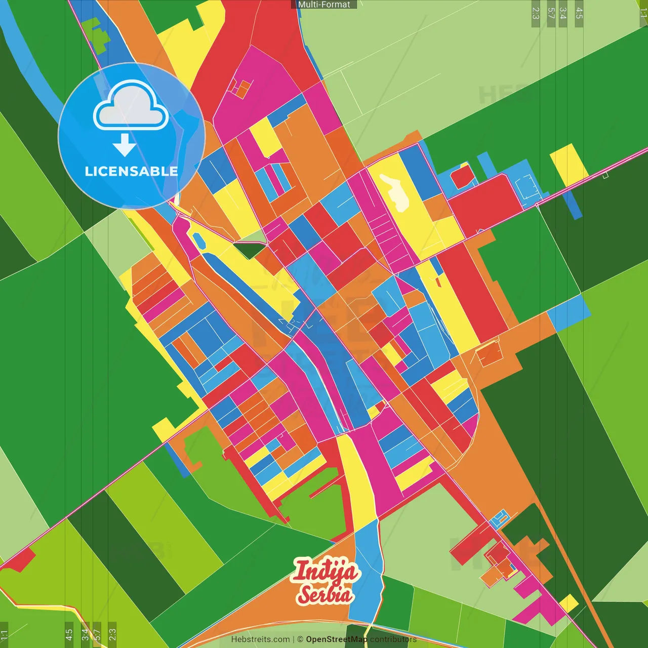 Inđija, Srem, Serbia Crazy Colorful Street Map Poster Template – HEBSTREITS