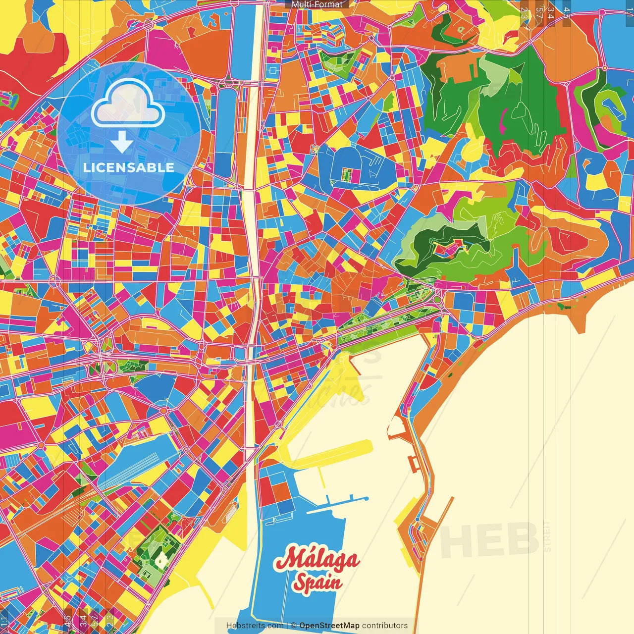 Málaga, Spain Crazy Colorful Street Map Poster Template – HEBSTREITS