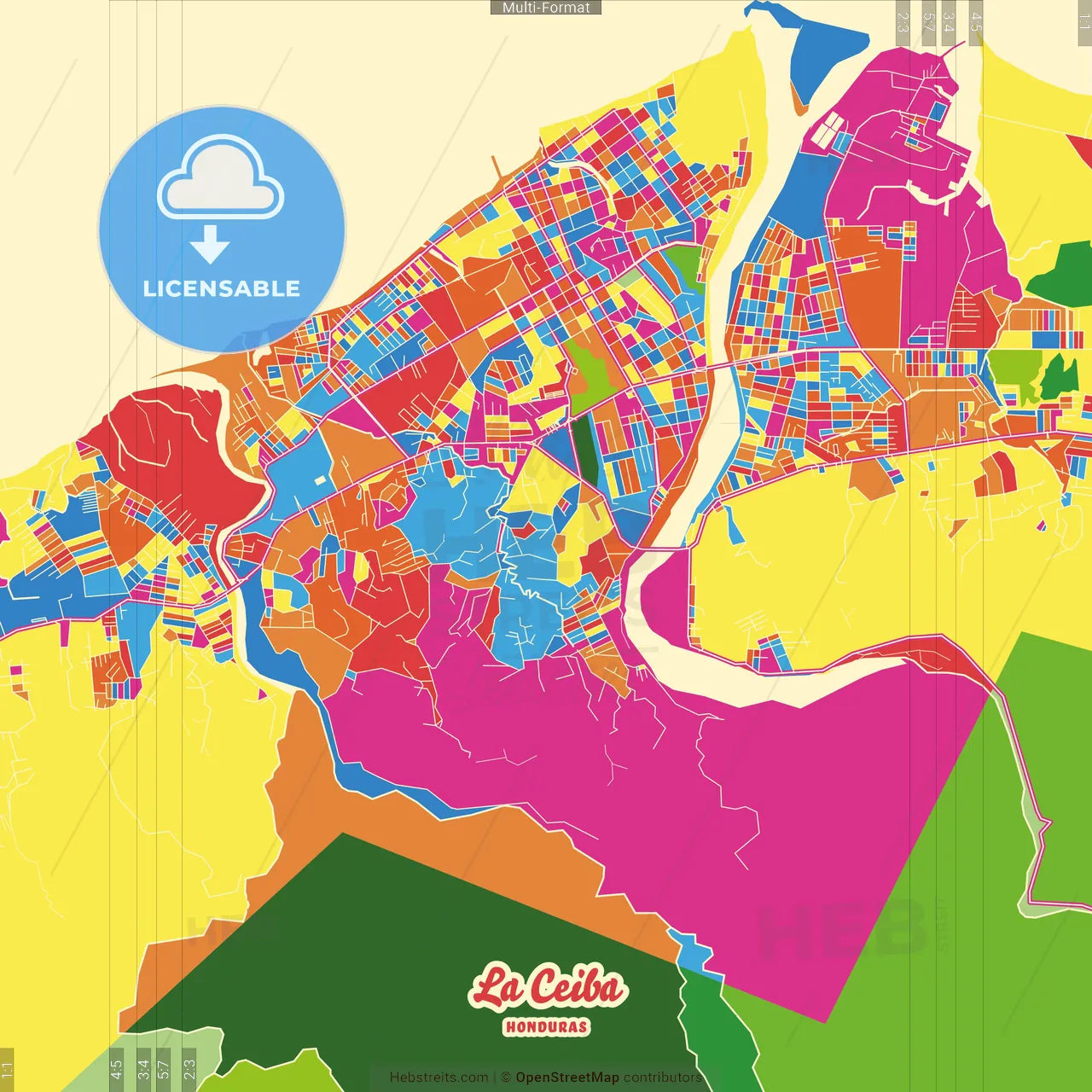 La Ceiba, Atlántida, Honduras Crazy Colorful Street Map Poster Template ...