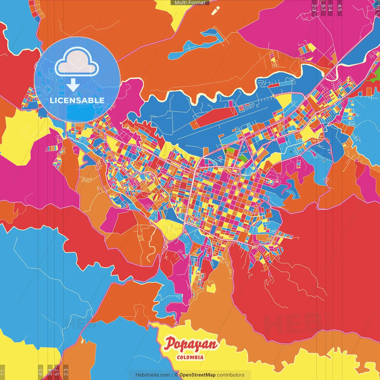 Popayan, Colombia Crazy Colorful Street Map Poster Template – HEBSTREITS
