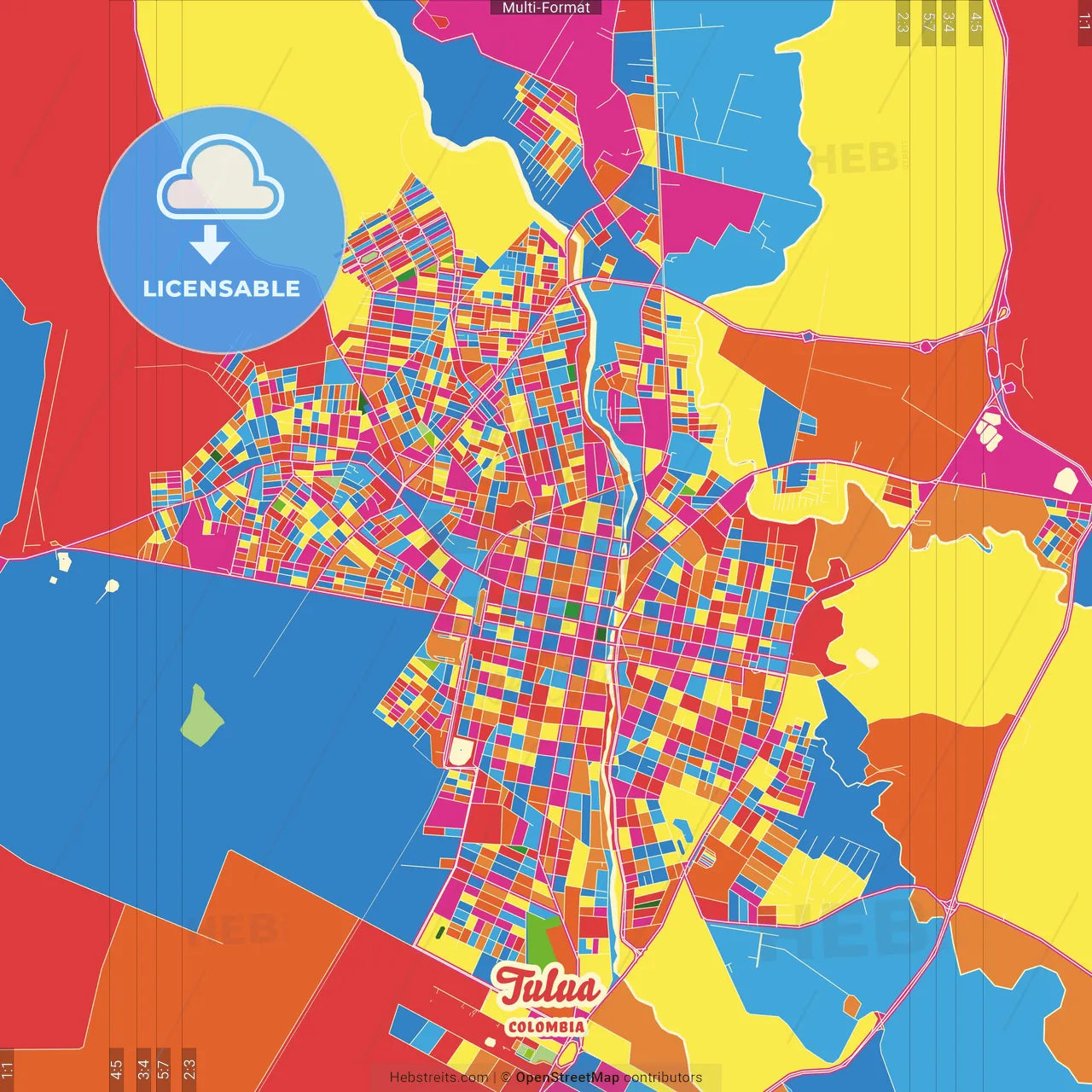 Tulua, Colombia Crazy Colorful Street Map Poster Template – HEBSTREITS