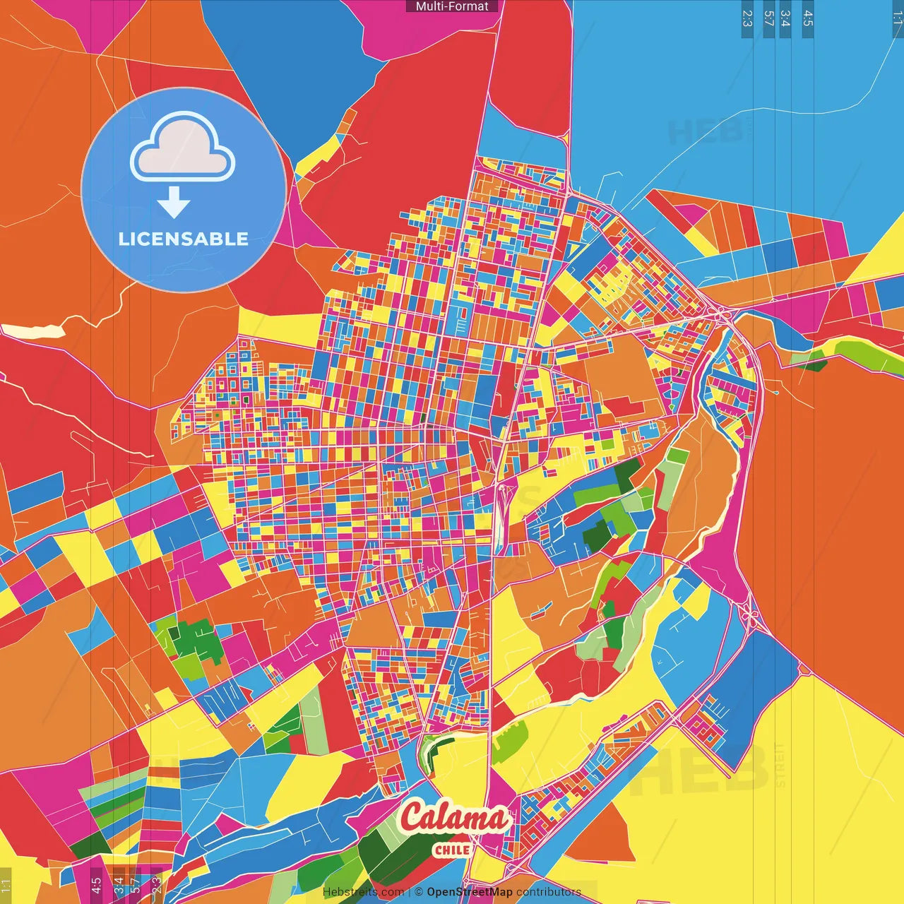 Calama, Chile Crazy Colorful Street Map Poster Template – HEBSTREITS