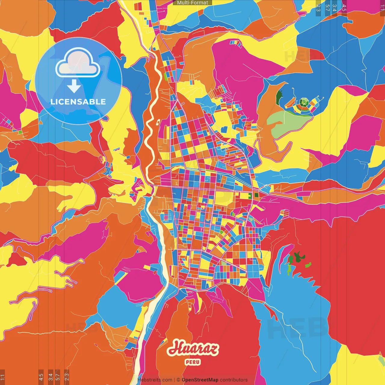 Huaraz, Peru Crazy Colorful Street Map Poster Template – HEBSTREITS