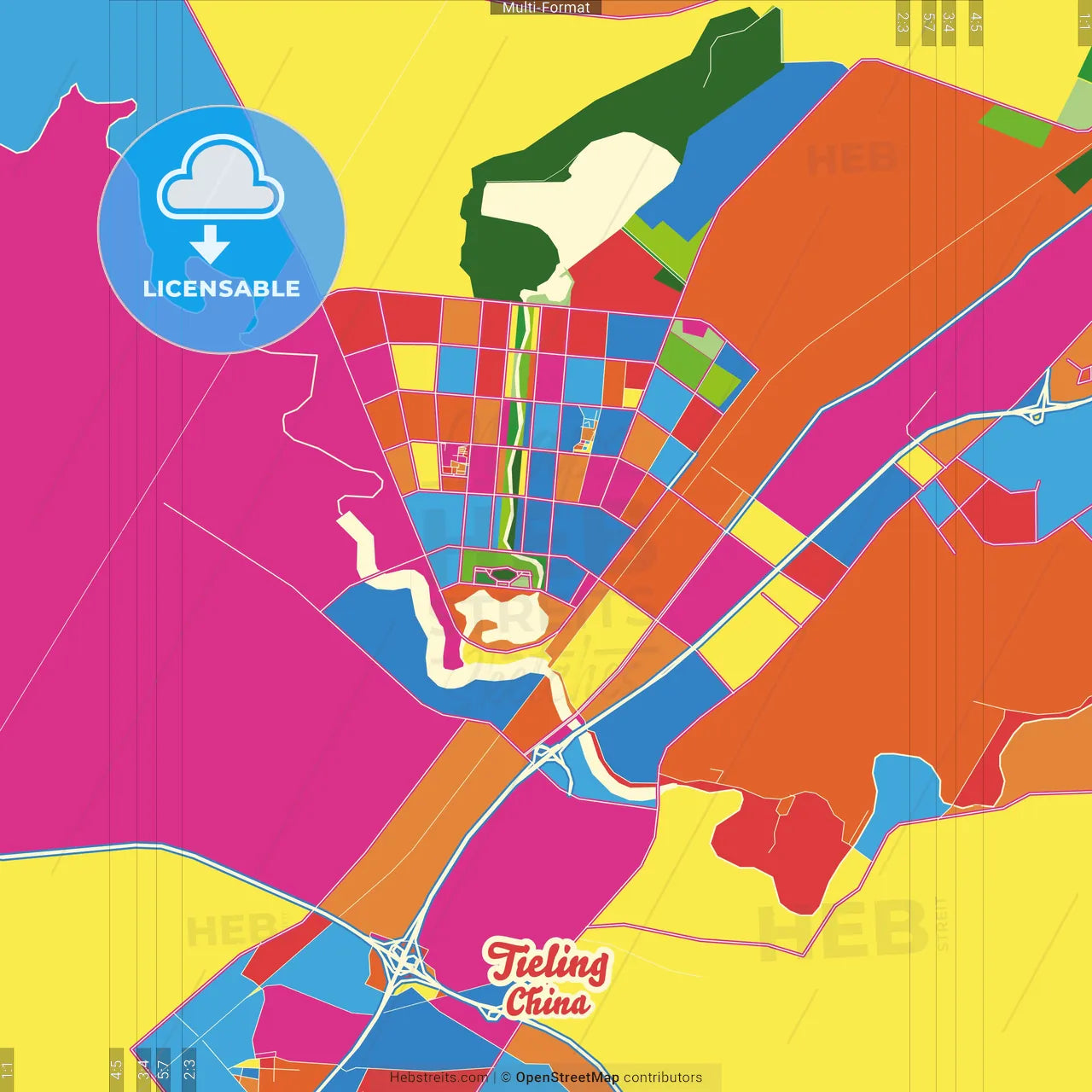 Tieling, Liaoning, China Crazy Colorful Street Map Poster Template ...