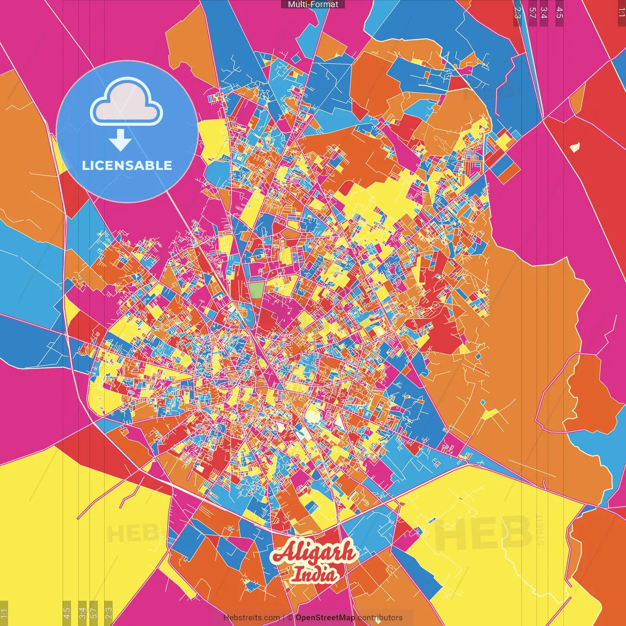 Aligarh, Uttar Pradesh, India Crazy Colorful Street Map Poster Template ...