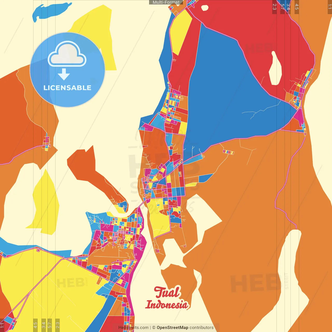 Tual, Maluku, Indonesia Crazy Colorful Street Map Poster Template ...