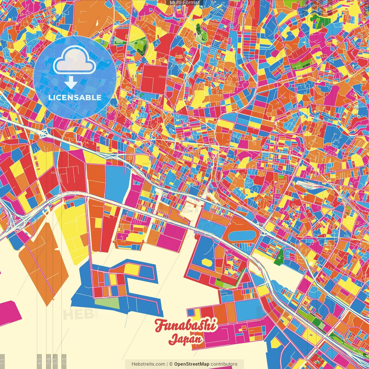 Funabashi, Chiba, Japan Crazy Colorful Street Map Poster Template ...