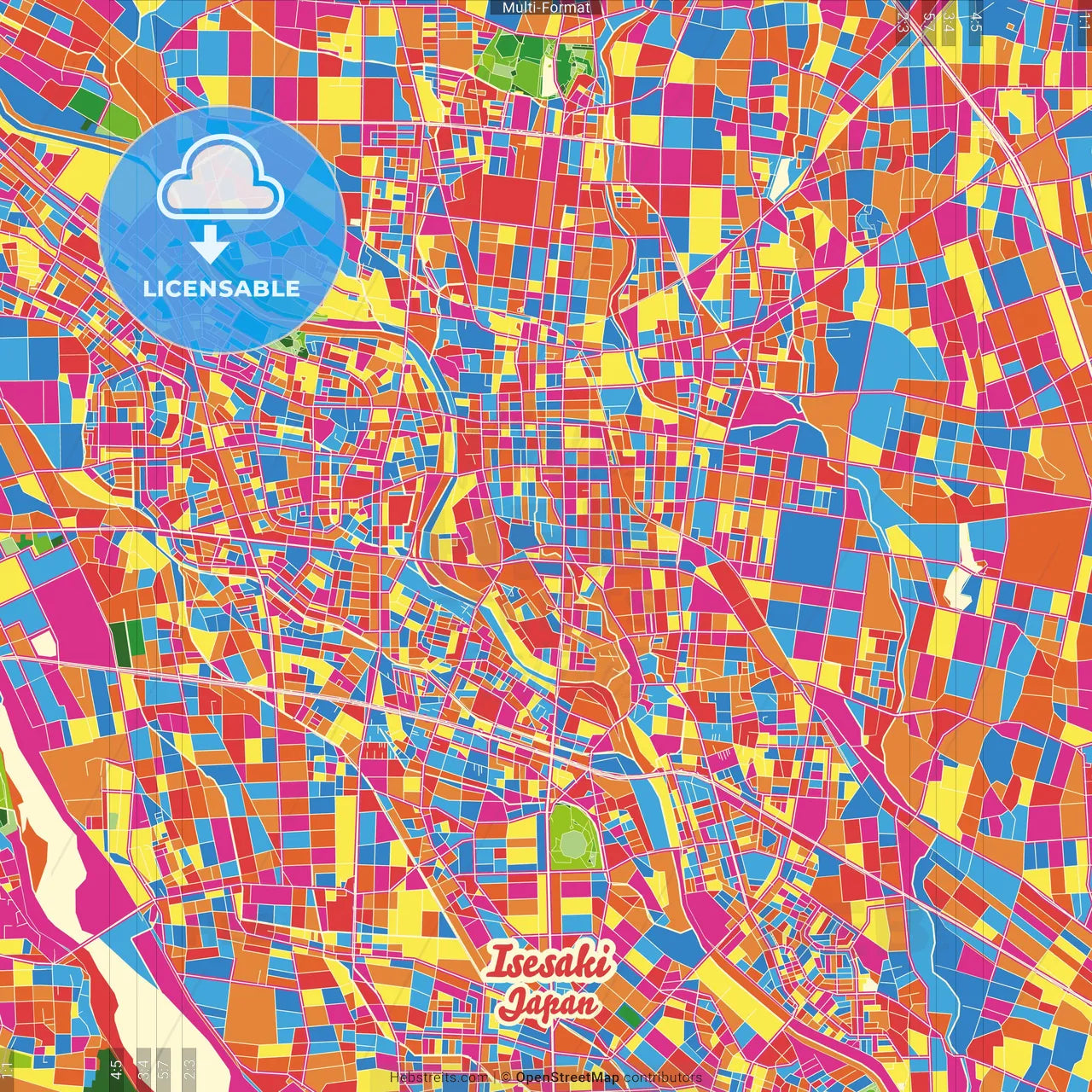 Isesaki, Gunma, Japan Crazy Colorful Street Map Poster Template ...