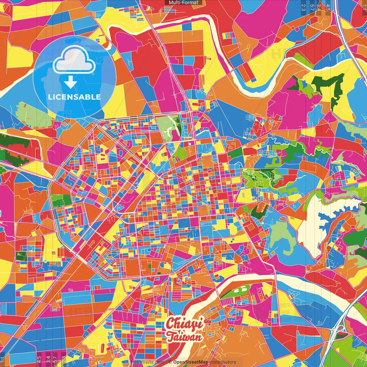 Chiayi, Taiwan Crazy Colorful Street Map Poster Template – HEBSTREITS