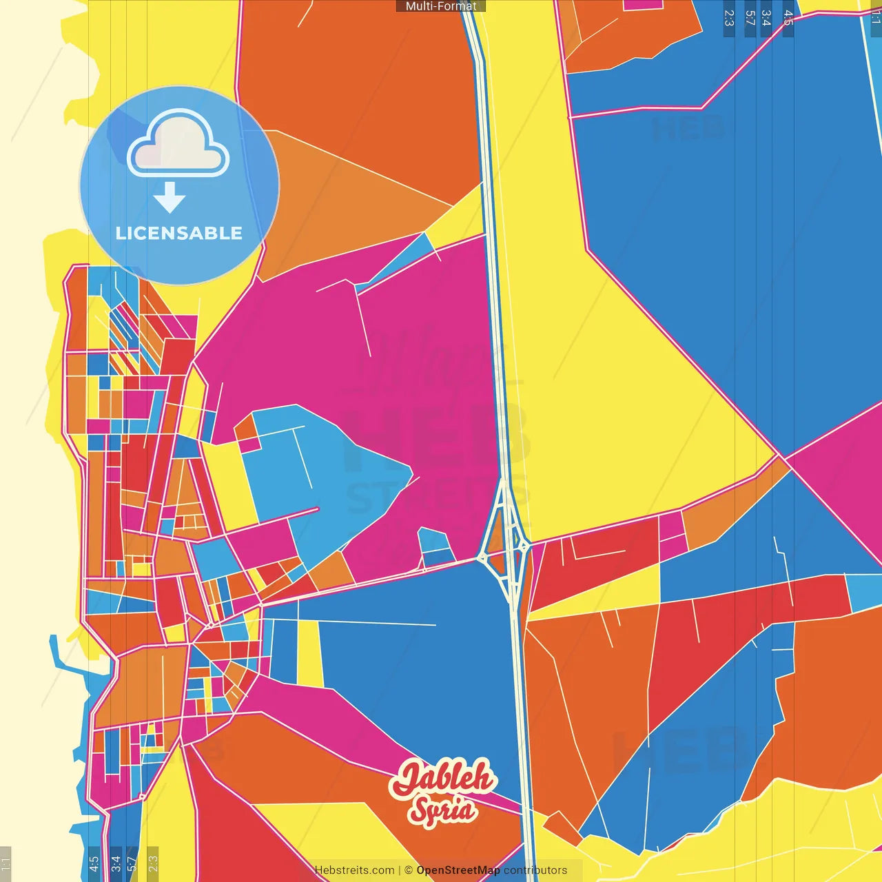 Jableh, Syria Crazy Colorful Street Map Poster Template – HEBSTREITS