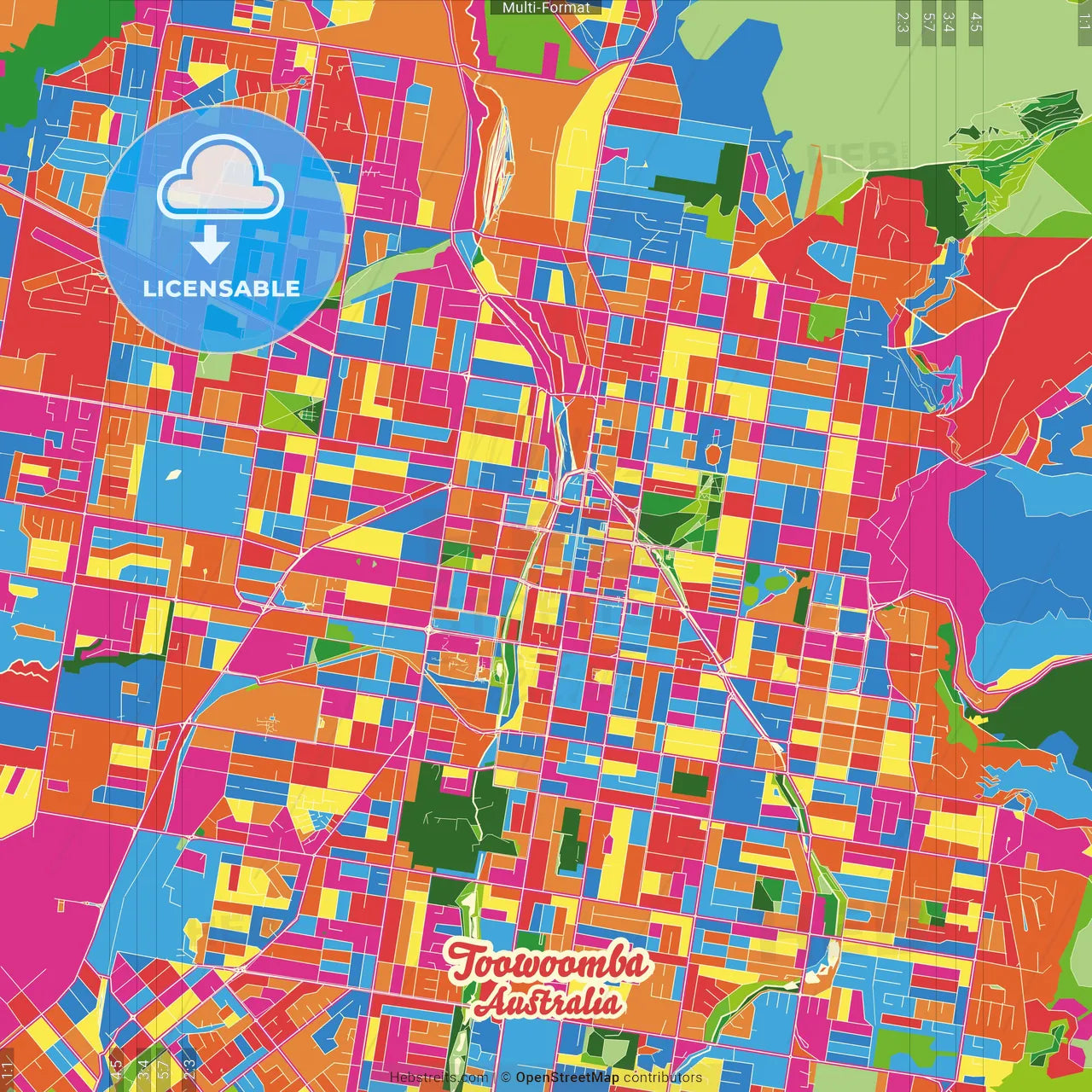 Toowoomba, Queensland, Australia Crazy Colorful Street Map Poster ...