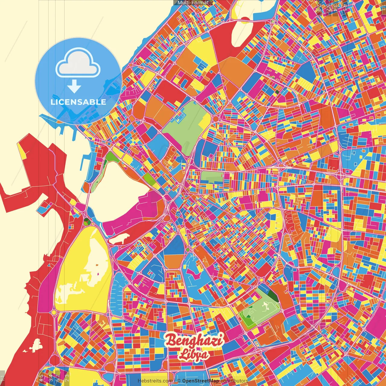 Benghazi, Libya Crazy Colorful Street Map Poster Template – HEBSTREITS