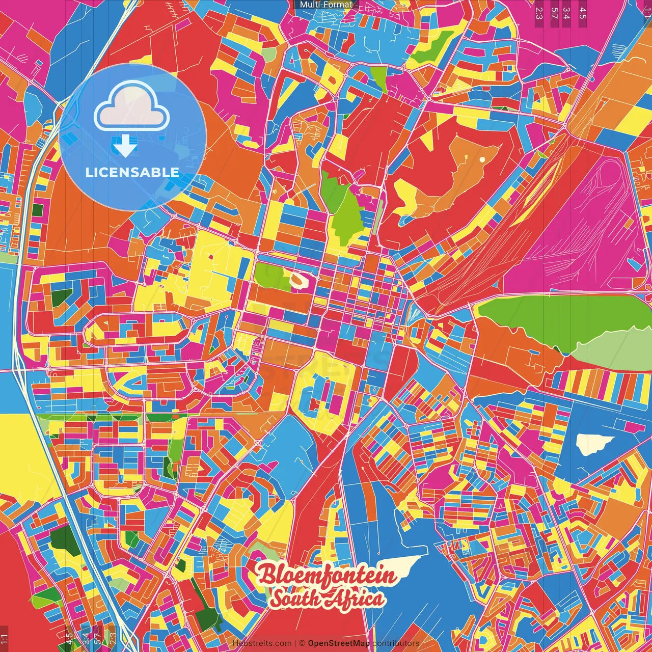 Bloemfontein, South Africa Crazy Colorful Street Map Poster Template ...