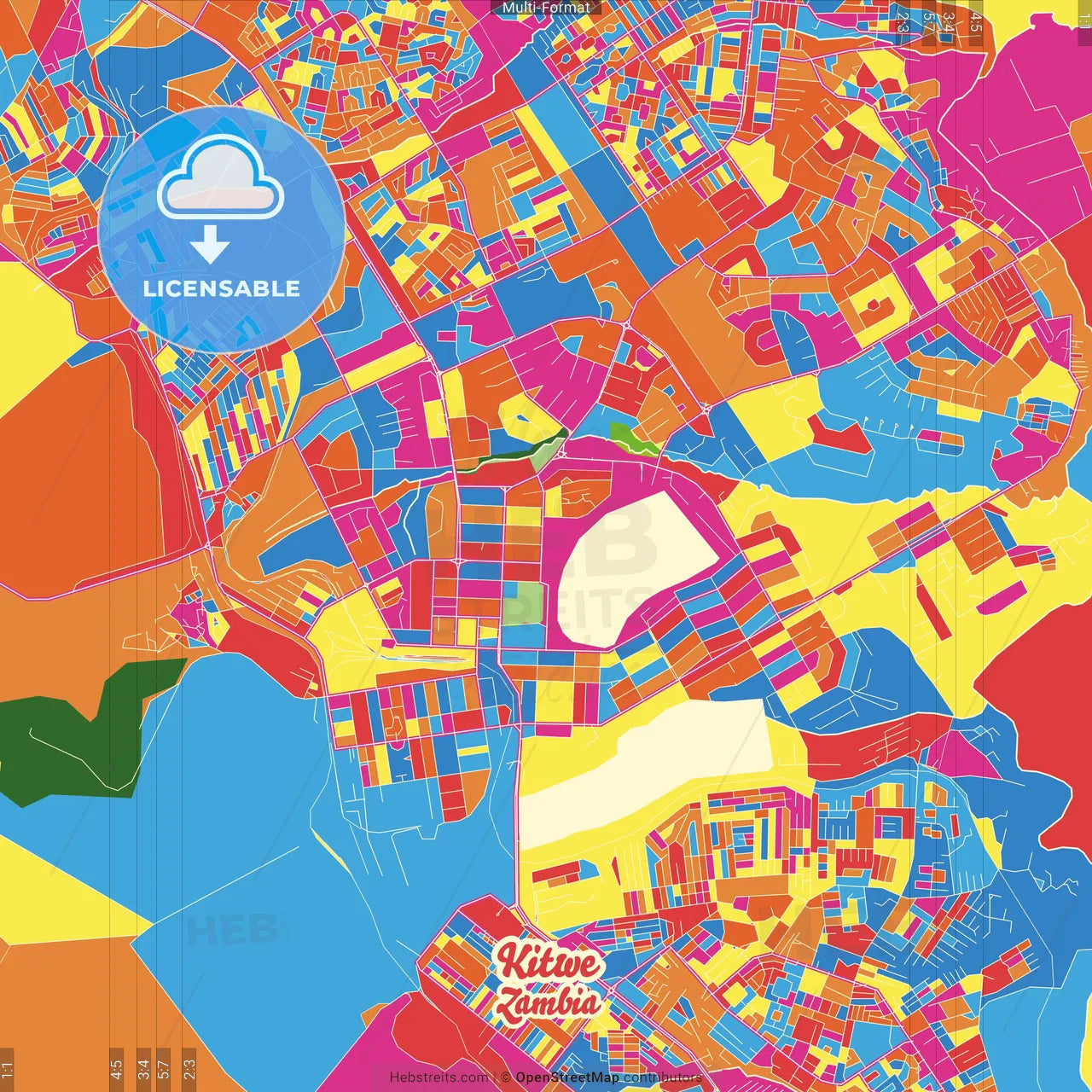 Kitwe, Zambia Crazy Colorful Street Map Poster Template – HEBSTREITS