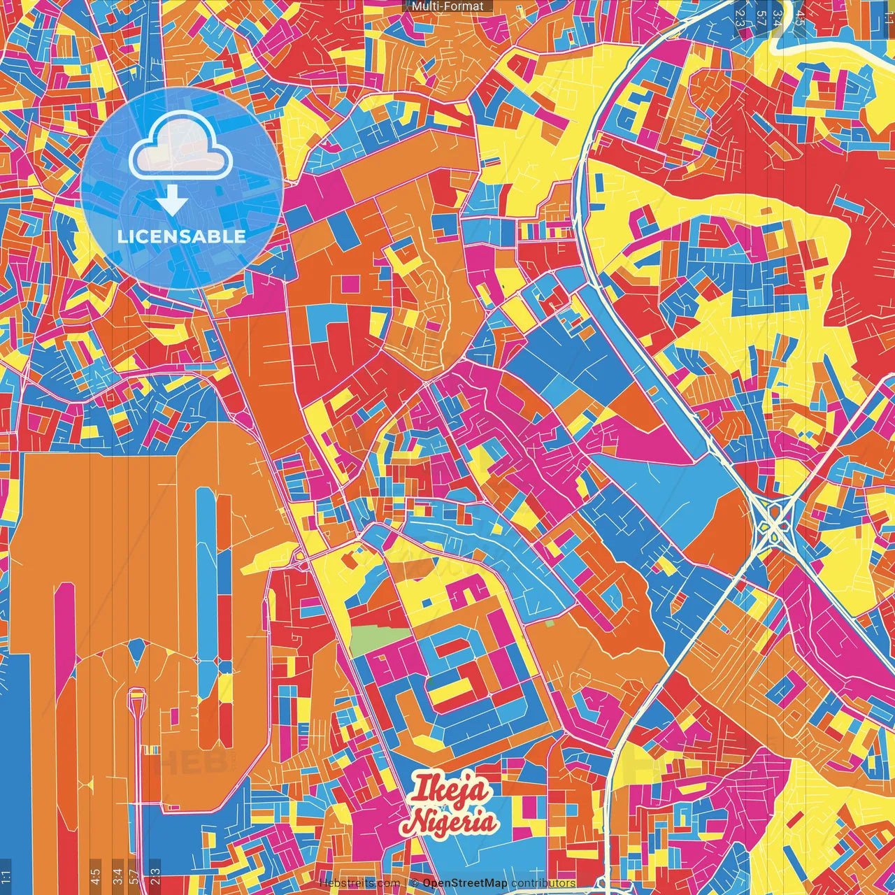 Ikeja, Nigeria Crazy Colorful Street Map Poster Template – HEBSTREITS