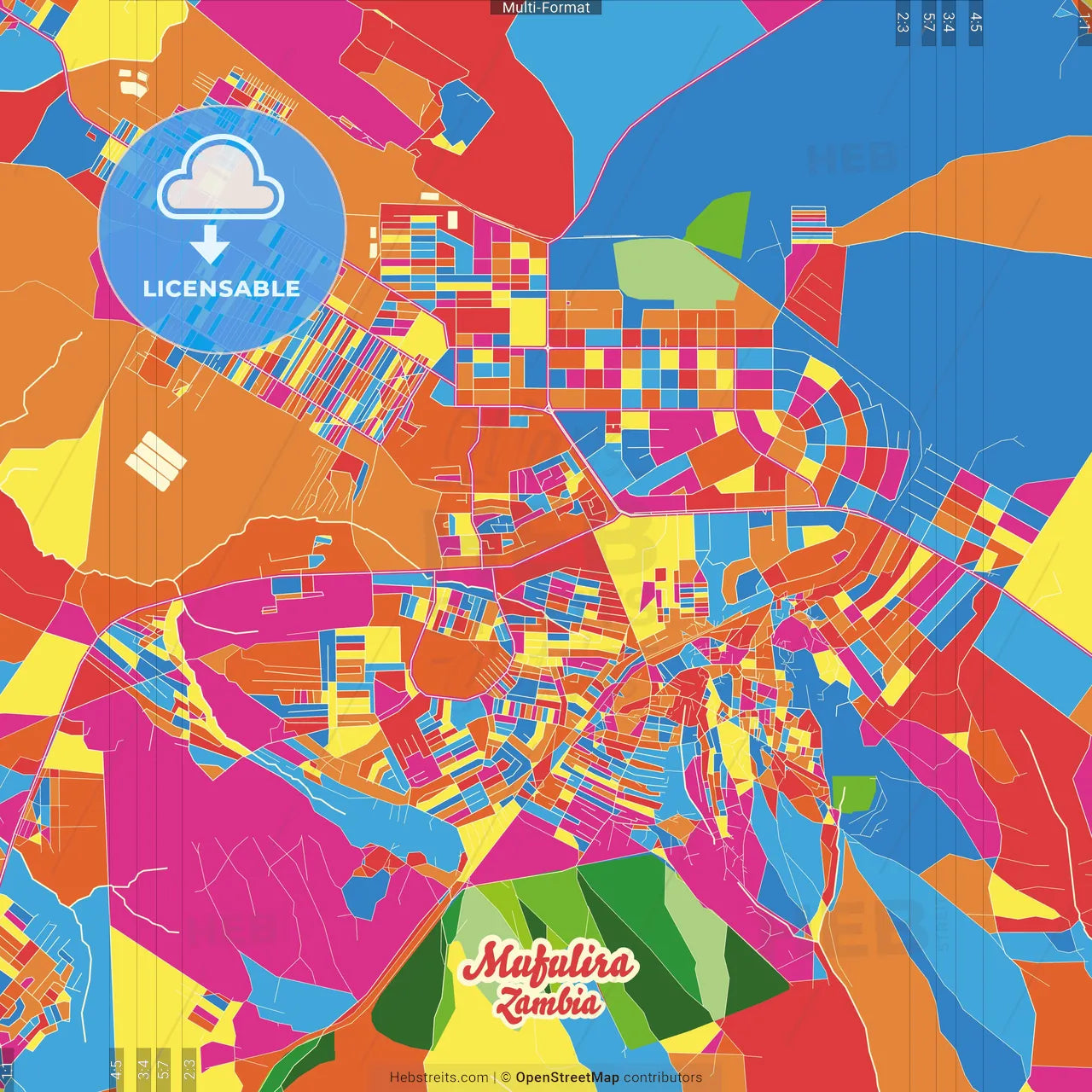 Mufulira, Zambia Crazy Colorful Street Map Poster Template – HEBSTREITS