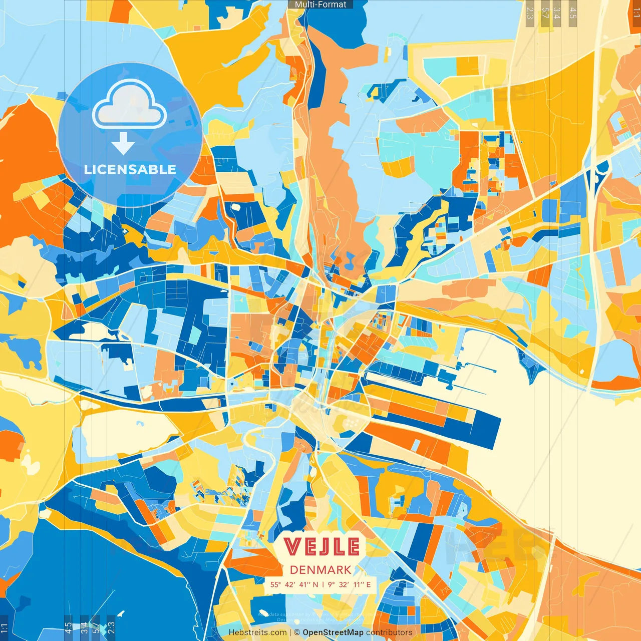 Vejle, Denmark Blue And Orange Vector Art Map Template – HEBSTREITS